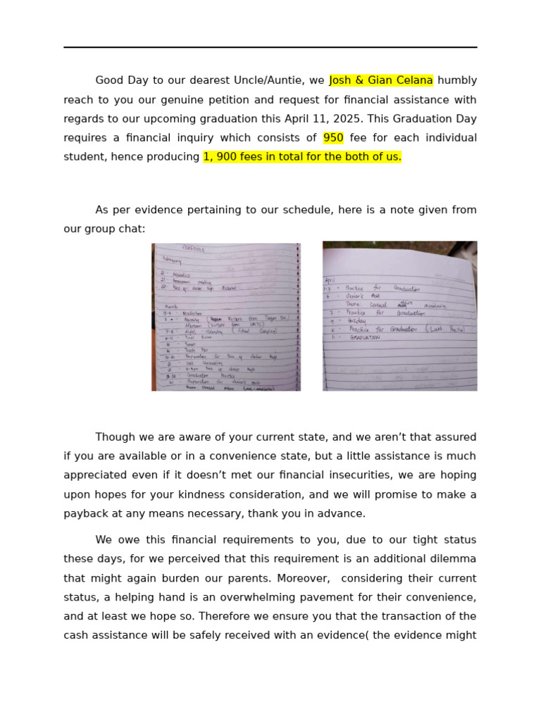 Request for Graduation Financial Assistance | PDF