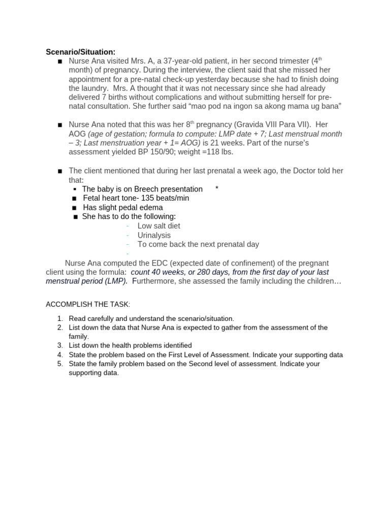 Scenario Situation Student Task | PDF | Pregnancy | Edema