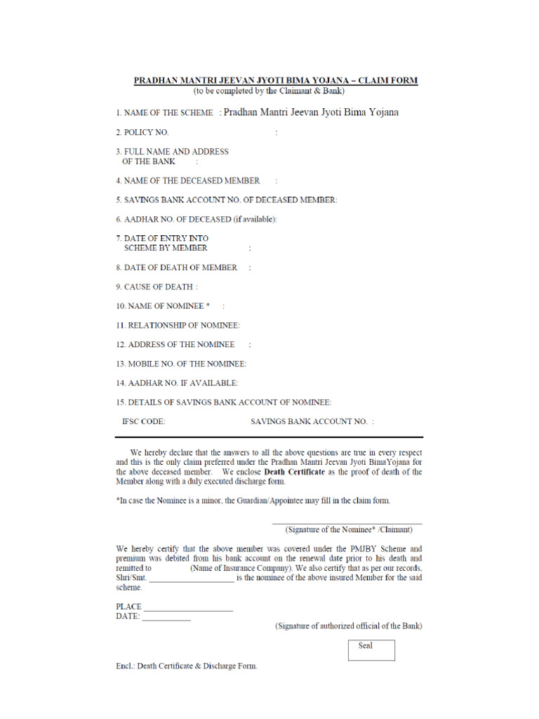 PMJJBY Claim Form | PDF