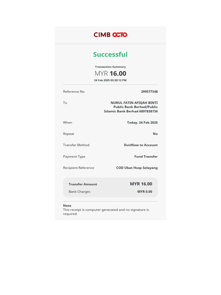 Transaction Receipt for DuitNow Transfer | PDF