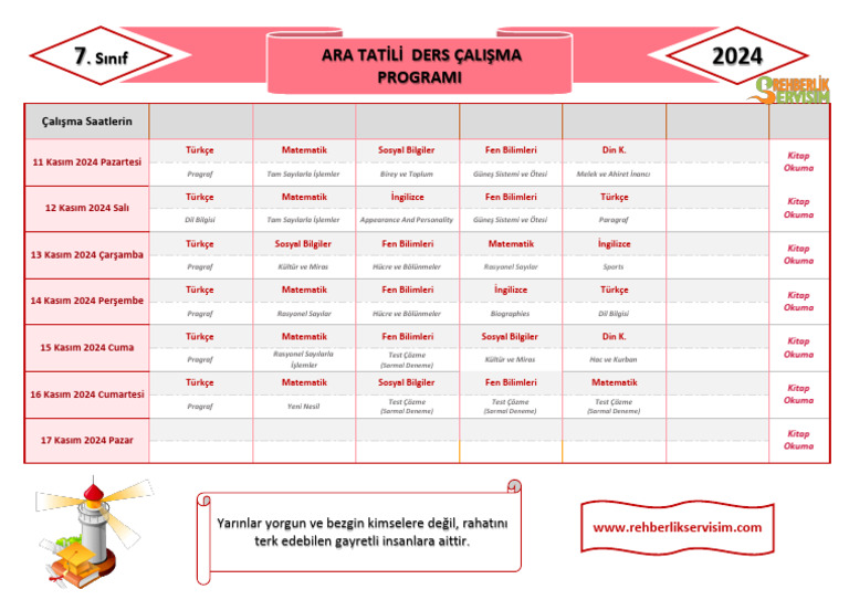 2024 7.sinif Ara Tatili Ders Calisma Plani | PDF