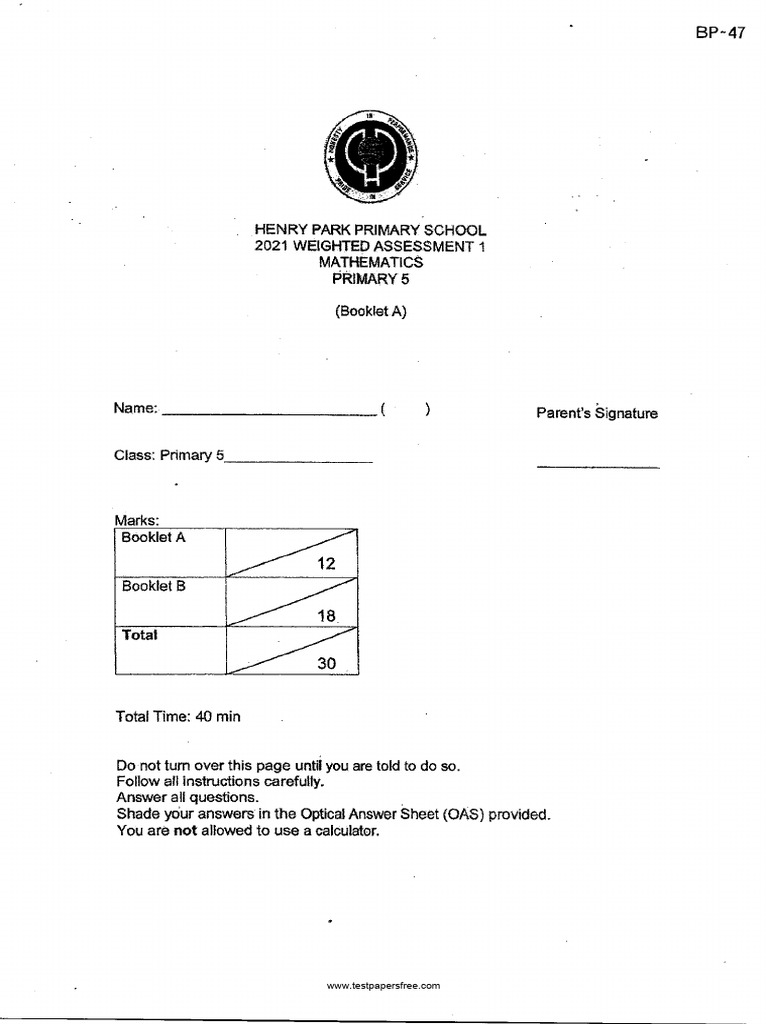 P5 Maths 2021 WA1 Henry Park | PDF