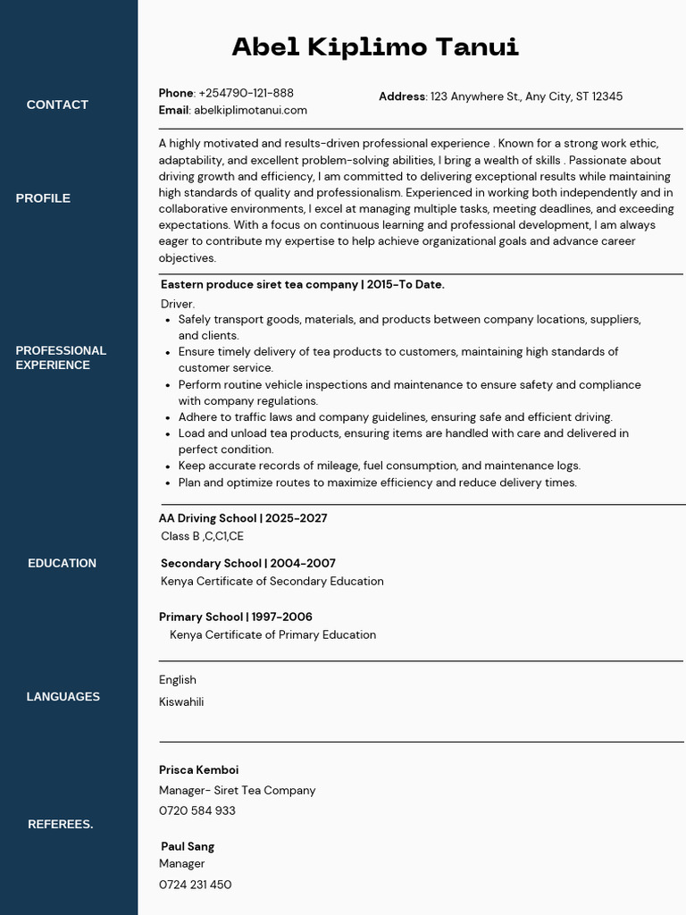 Experienced Tea Delivery Driver CV | PDF