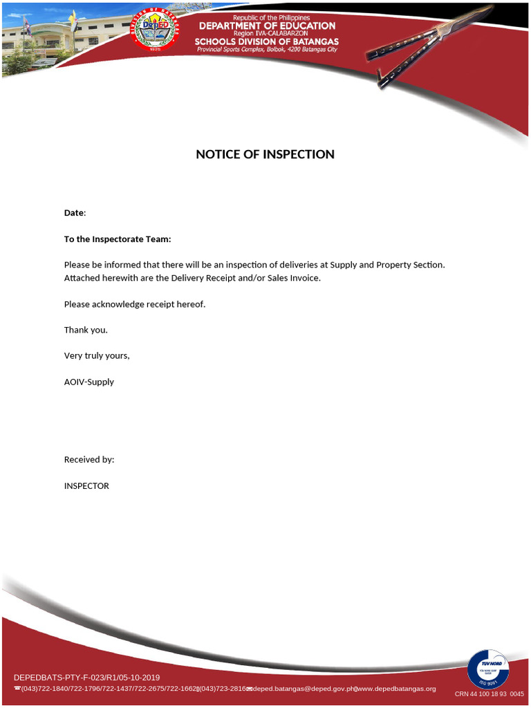 DEPEDBATS PTY F 023 R005 30 2018 Notice of Inspection | PDF
