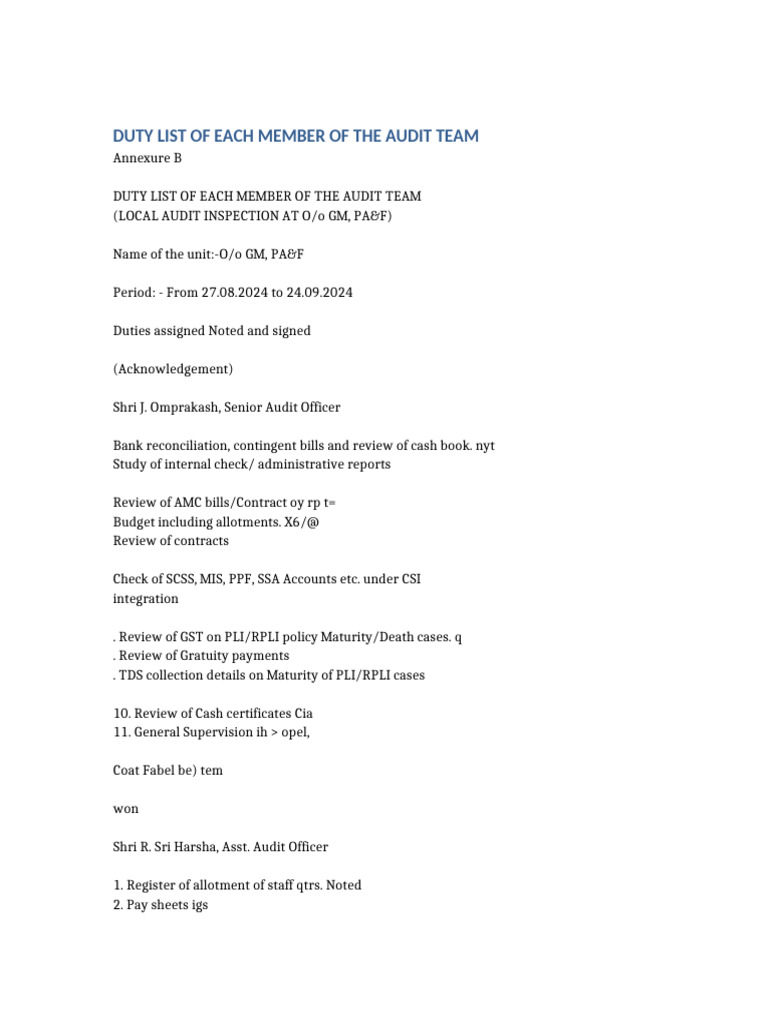 Audit Team Duty List Overview | PDF