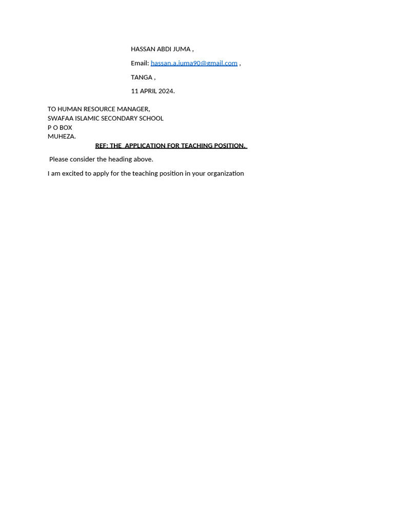Teaching Position Application Letter | PDF