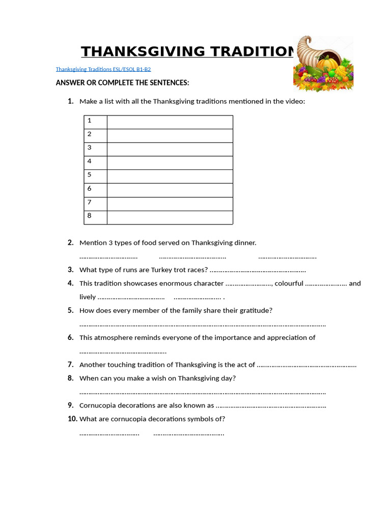 Thanksgiving Traditions for ESL Learners | PDF