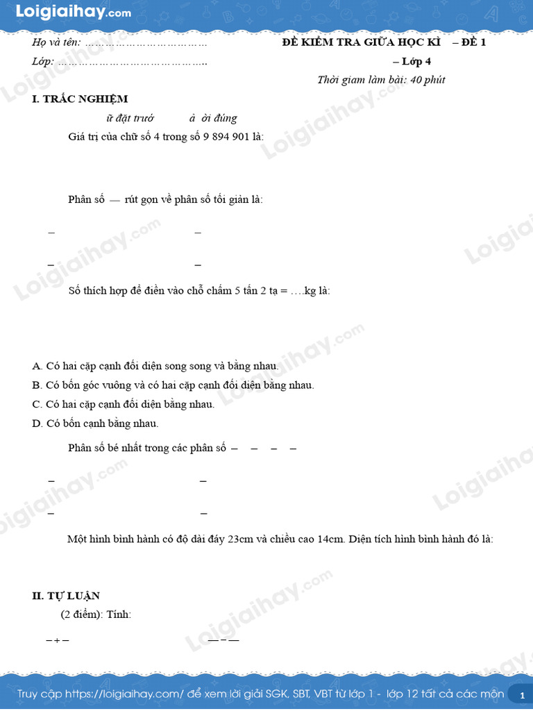 De So 1 de Kiem Tra Giua Hoc Ki 2 Toan Lop 4 | PDF