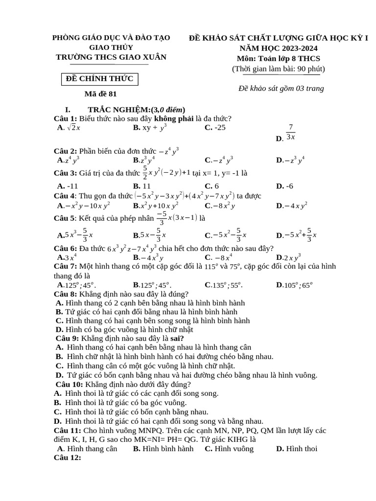 Đề Toán 8 (Tn3-Tl7) Giữa Hki Năm 2023-2024 | PDF