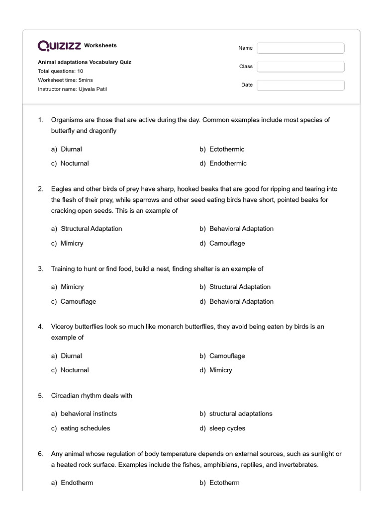 Quizizz - Animal adaptations Vocabulary Quiz | PDF | Predation | Adaptation