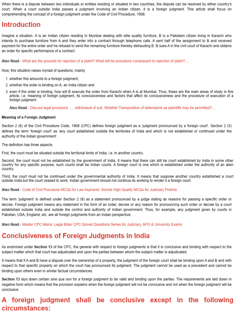Comprehending The Concept of Foreign Judgment Under The CPC, 1908 | PDF | Judgment (Law) | Lawsuit