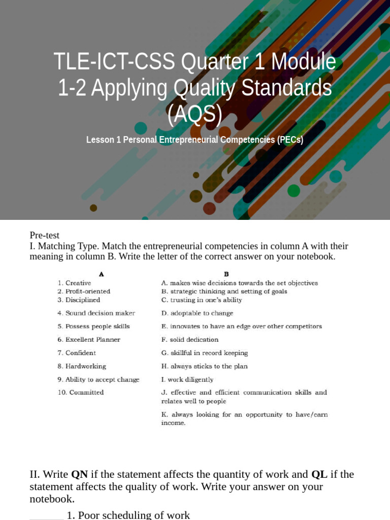IM - S CSS 9 Quarter 1 Module 1 2 Applying Quality Standards | PDF ...