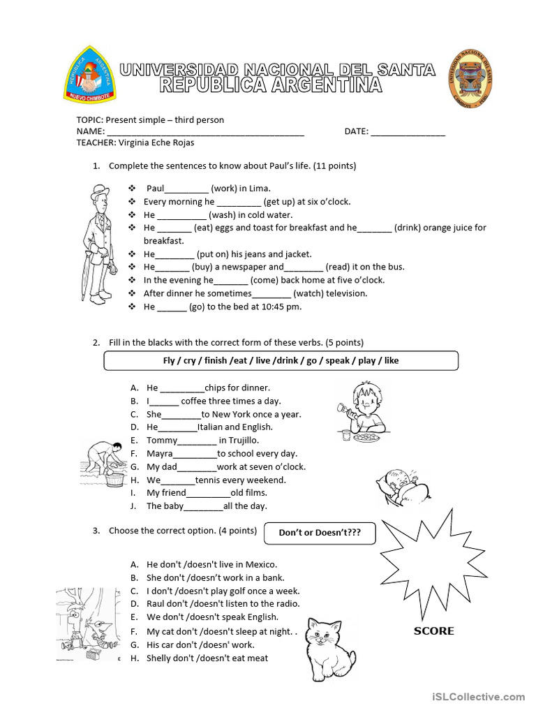 Evaluation about present simple - third person | PDF