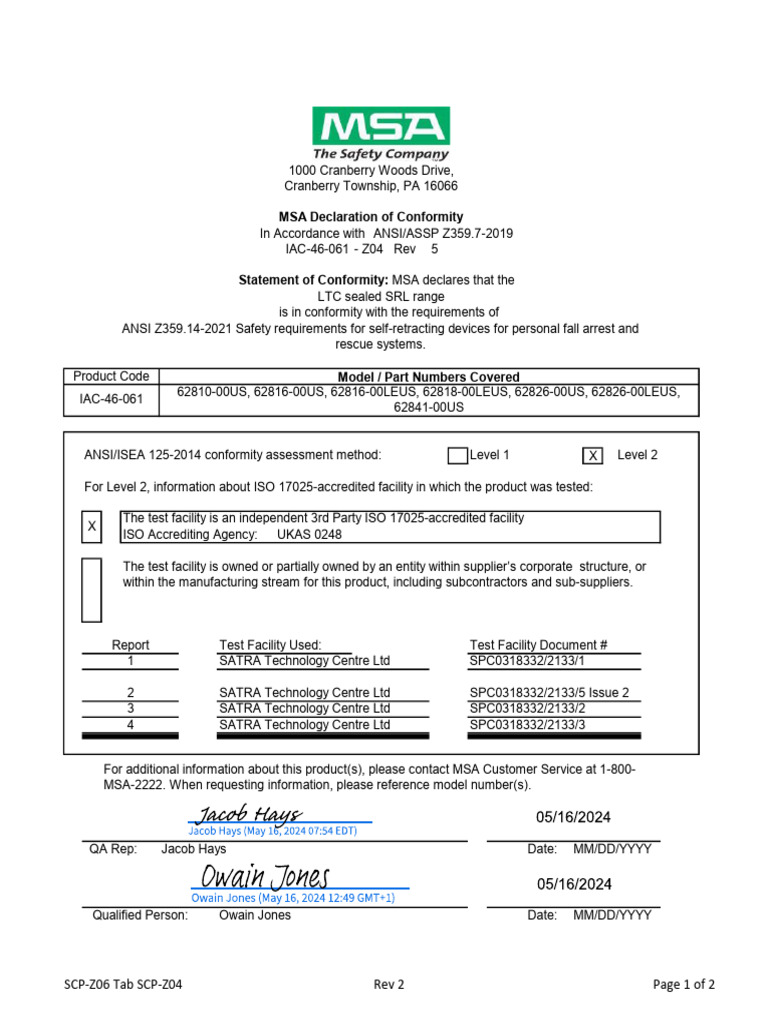 46 LTC Sealed SRLs CERT ANSI REV05 EN | PDF