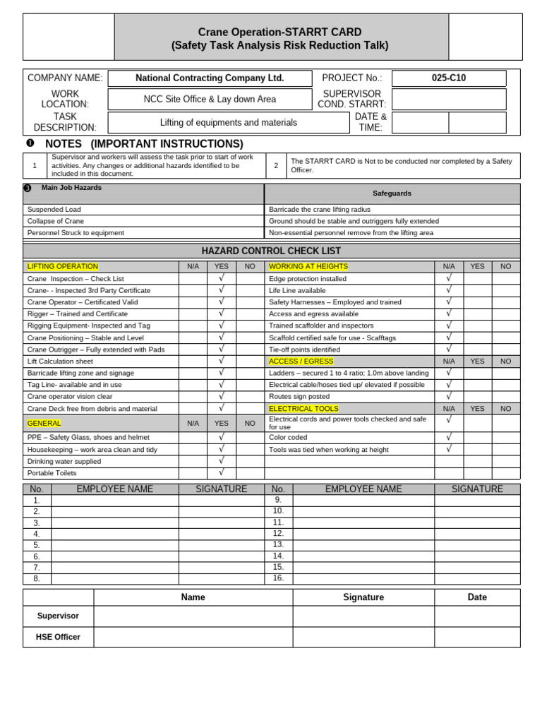 Crane Operation Safety STARRT Card | PDF | Crane (Machine ...