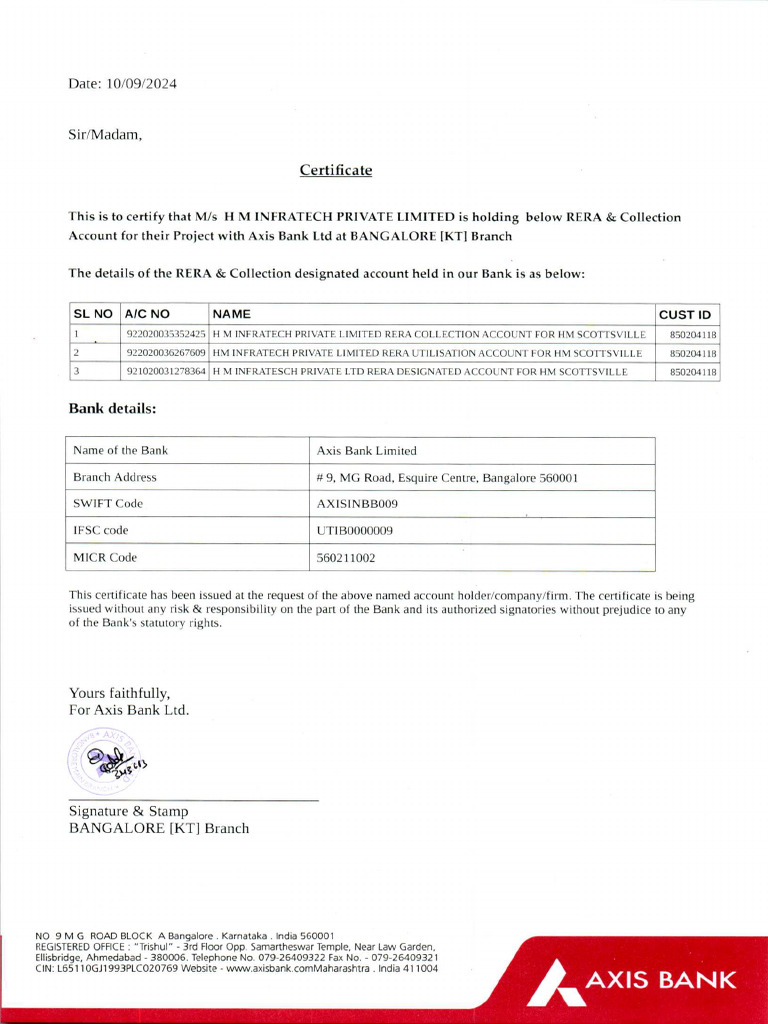 Axis Bank RERA Account Certification | PDF
