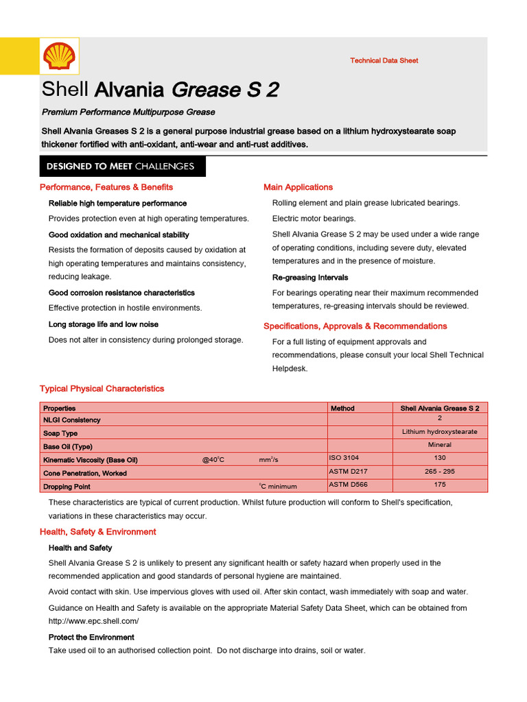 Shell Alvania Grease S2 Data Sheet | PDF | Materials