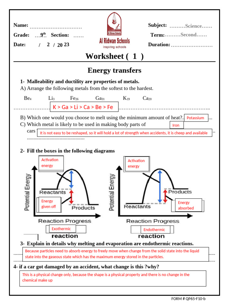 Energy Transfers and Reaction Rates Worksheet | PDF | Chemical ...