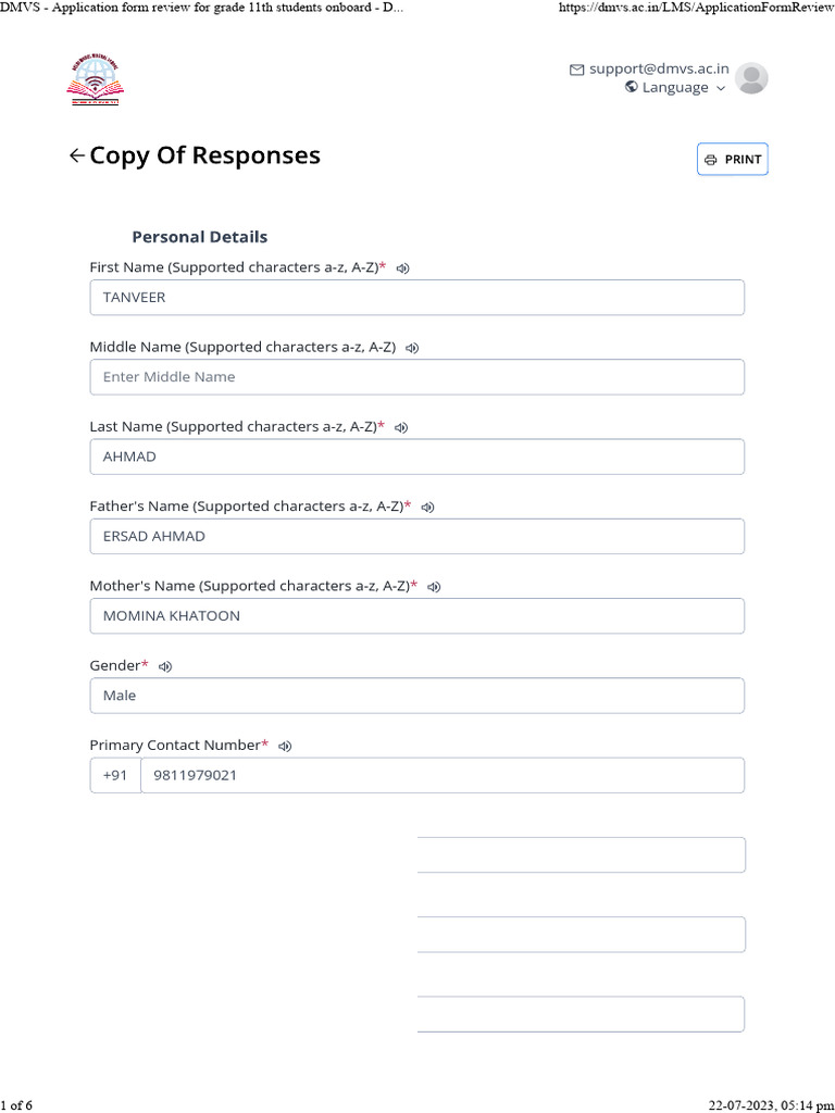 DMVS - Application Form Review For Grade 11th Students Onboard - Delhi ...