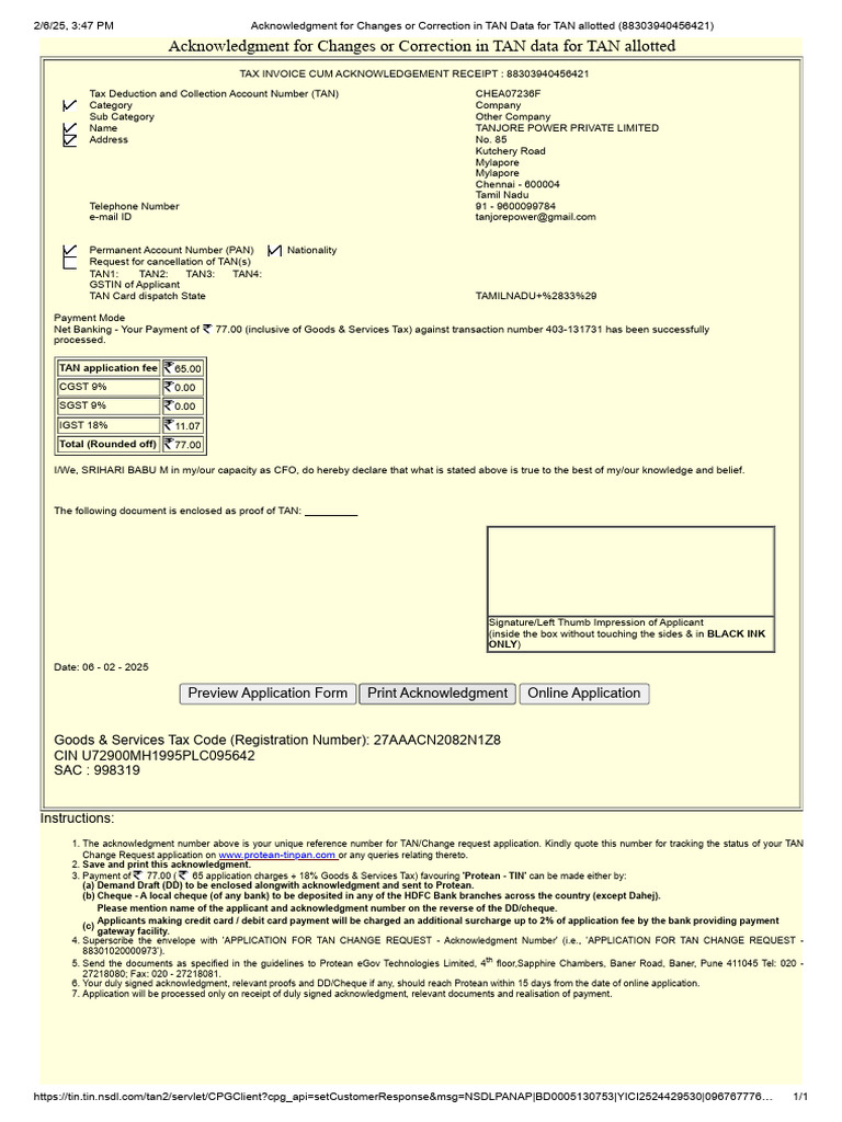 Acknowledgment For Changes or Correction in TAN Data For TAN Allotted ...