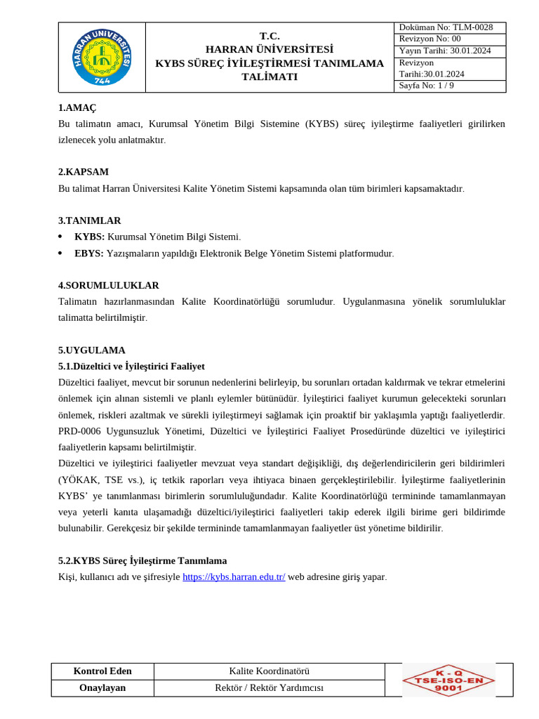 28) TLM-0028 Kybs Surec Iyilestirmesi Tanimlama Talimati | PDF