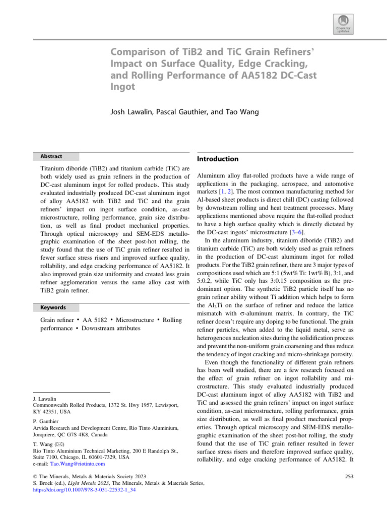 Comparison of TiB2 and TiC Grain Refiners' Impact On Surface Quality ...