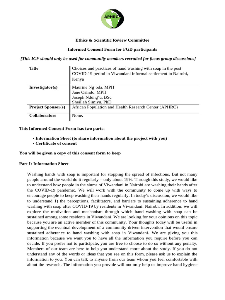 3a ICF FGD Participants English | PDF | Hand Washing | Consent