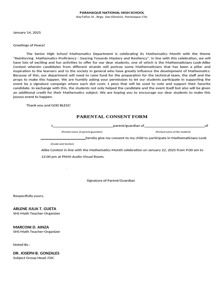 Math Look Alike Contest Consent | PDF