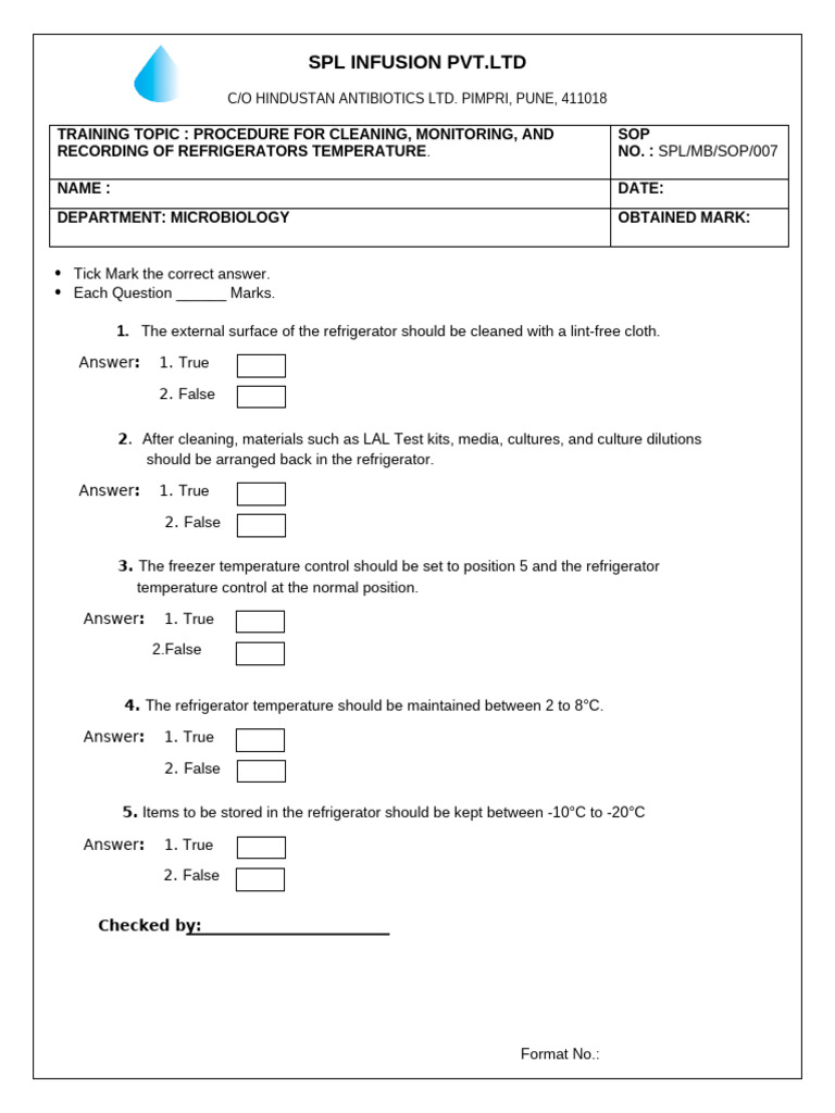 Training Paper For Procedure For Cleaning, Monitoring, and Recording of ...