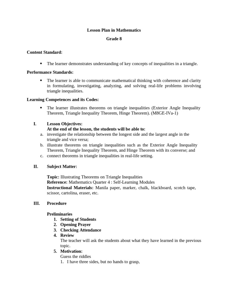 Triangle Inequalities Lesson Plan for Grade 8 | PDF | Triangle ...