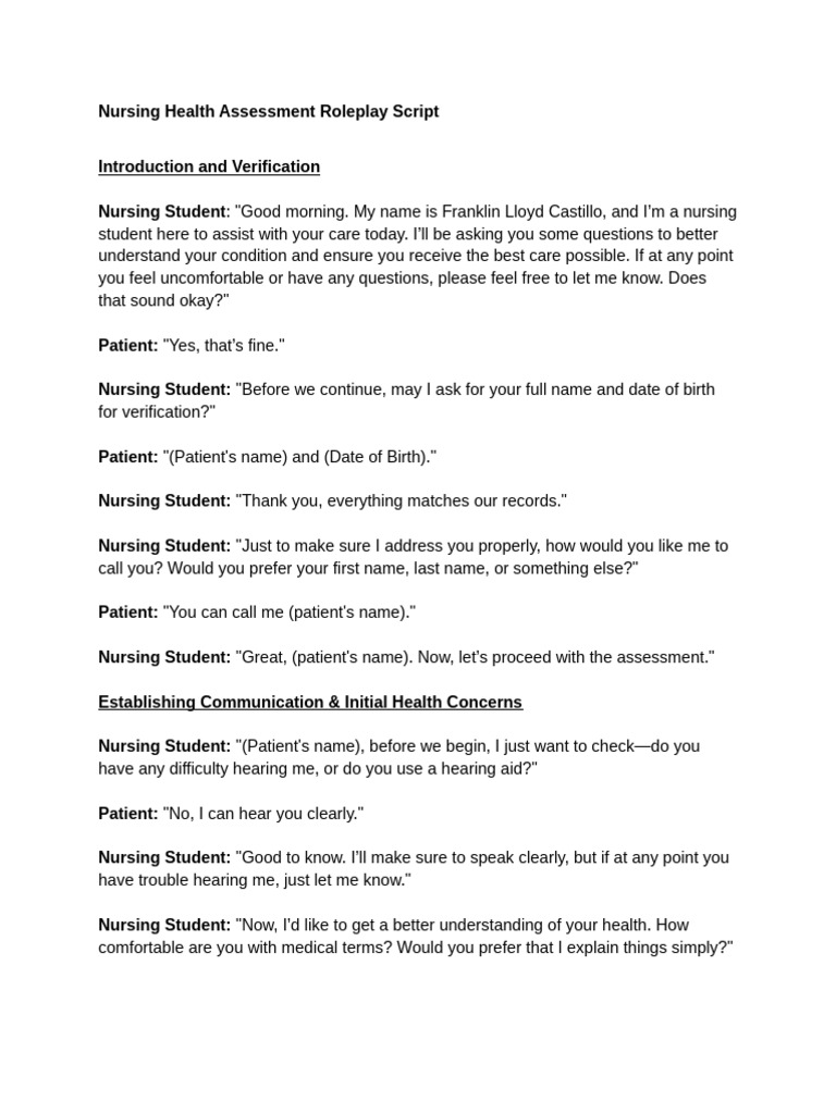 Nursing Health Assessment Roleplay Script | PDF | Nursing | Patient
