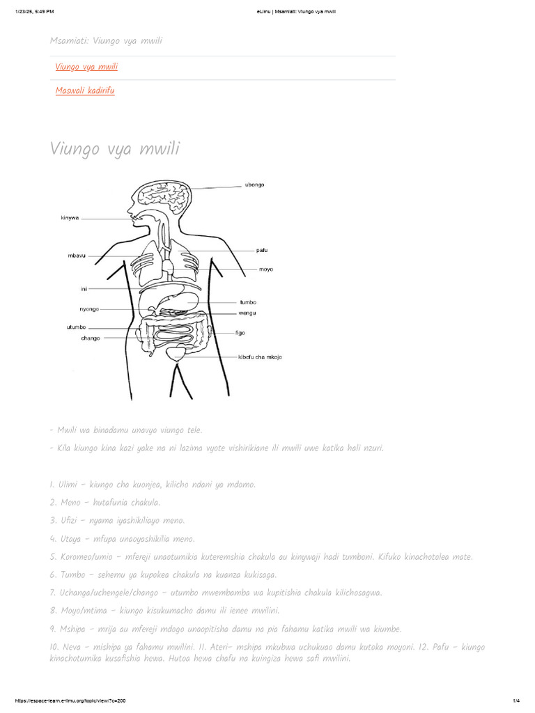 Elimu - Msamiati - Viungo Vya Mwili | PDF