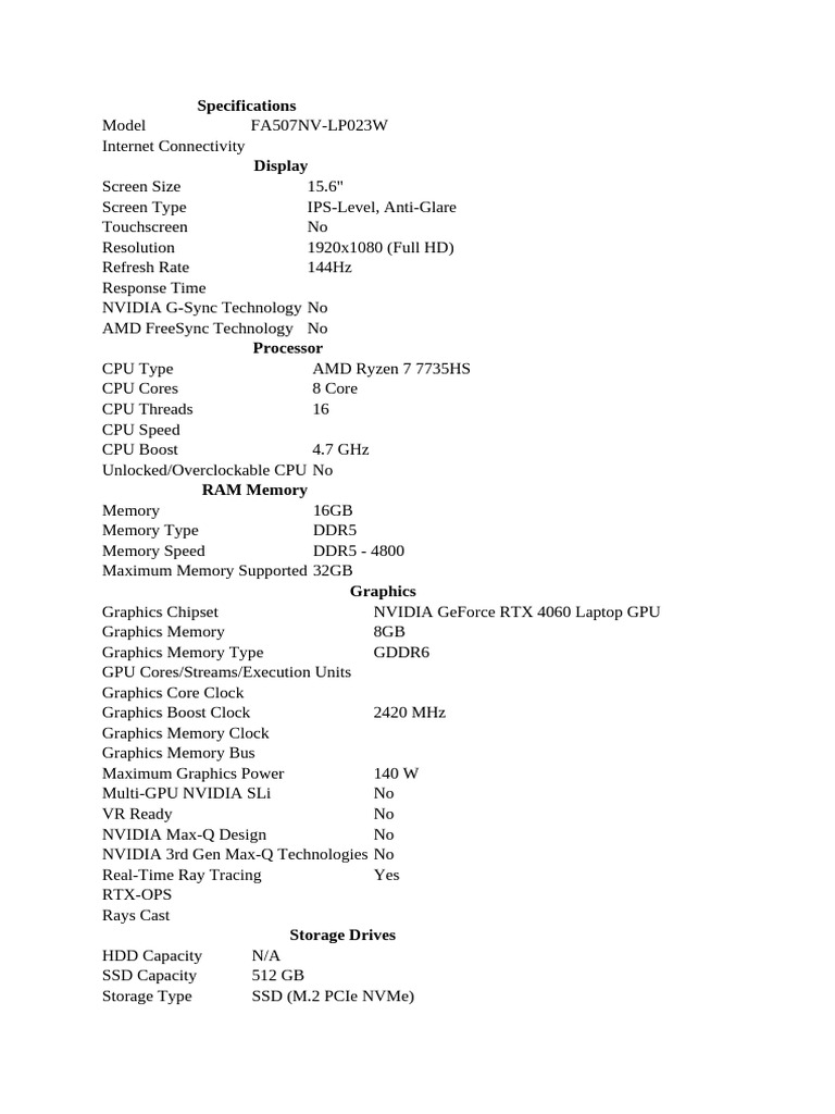 FA507NV-LP023W Laptop Specifications | PDF | Laptop | Graphics ...