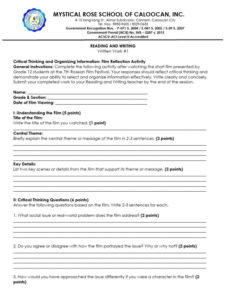 Reading Writing x Mil Film Fest Activity Sheet 2025 Ww1 | PDF ...