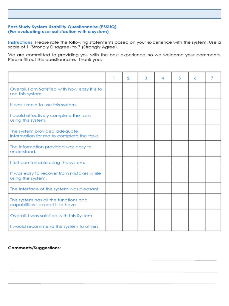 Post-Study System Usability Questionnaire (PSSUQ) (For Evaluating User ...