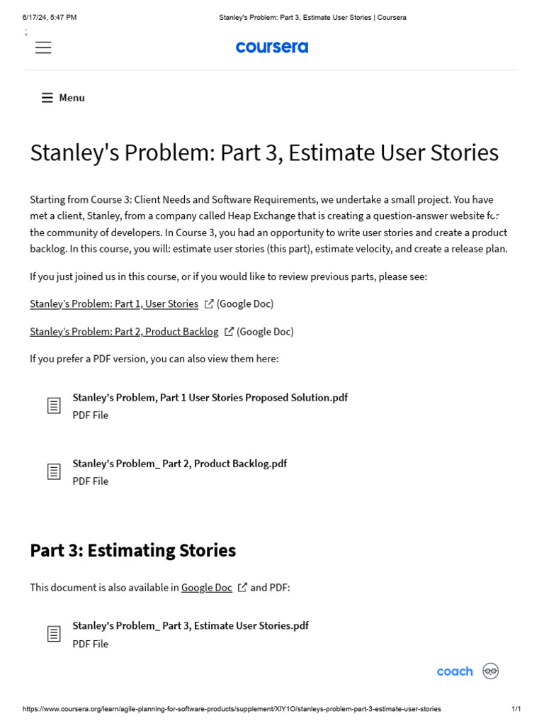 Stanley's Problem - Part 3, Estimate User Stories - Coursera | PDF