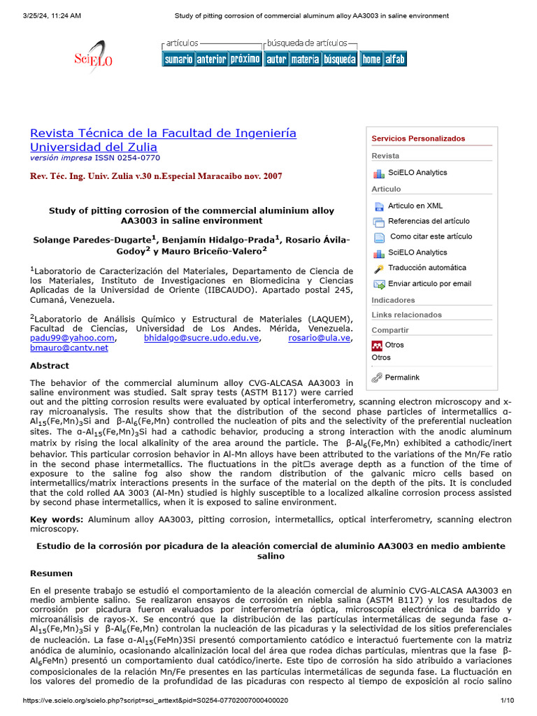 Study of Pitting Corrosion of Commercial Aluminum Alloy AA3003 in ...