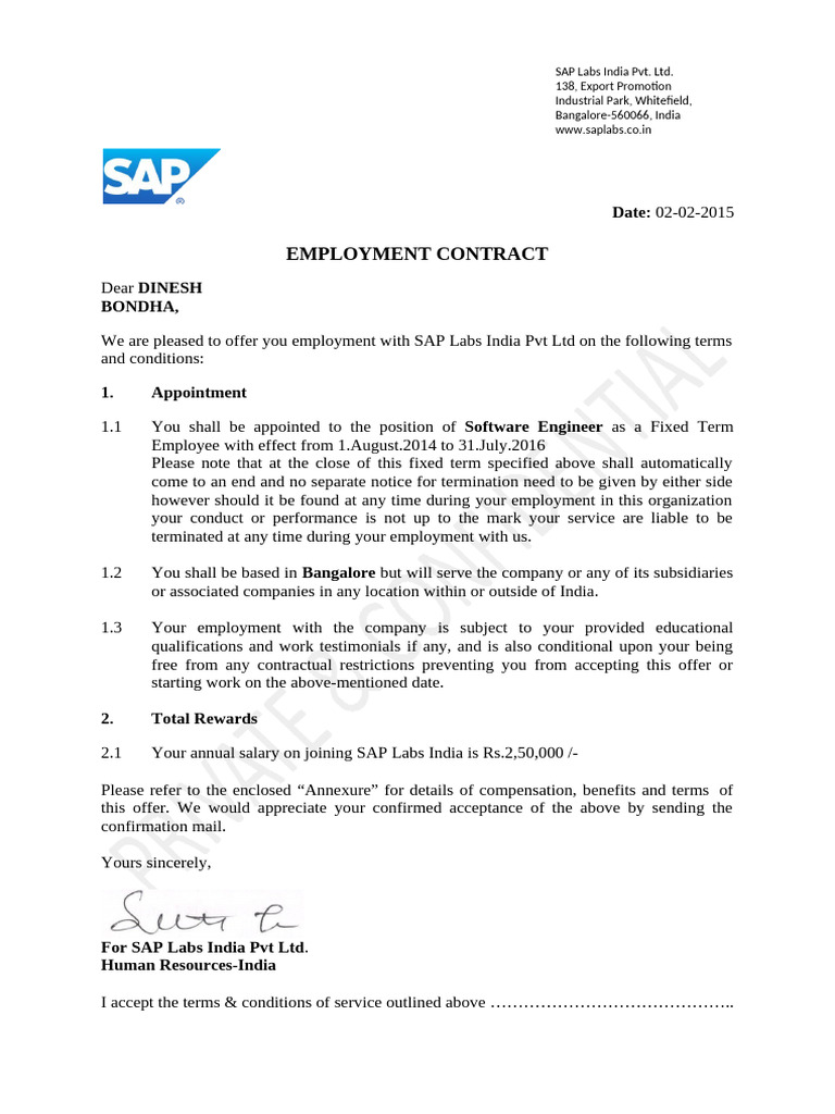 SAP Offer Letter for Software Engineer | PDF