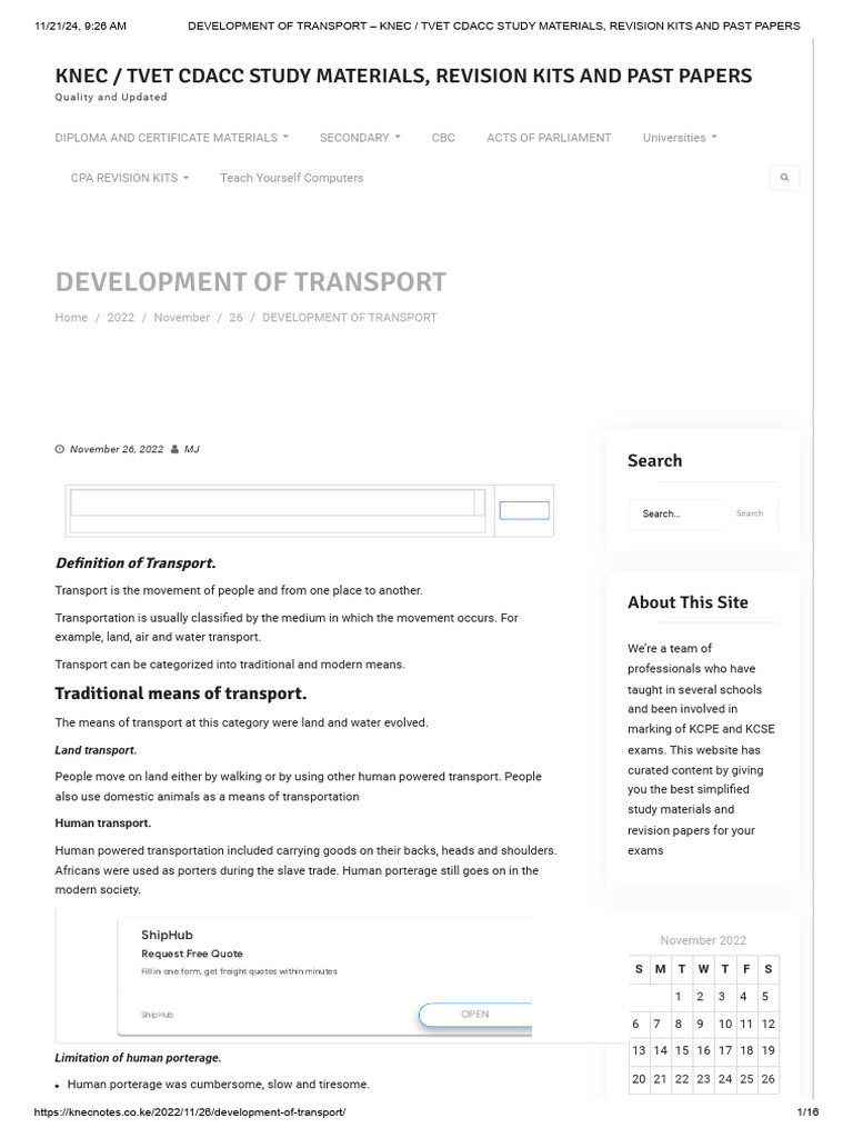 Development of Transport – Knec _ Tvet Cdacc Study Materials, Revision ...