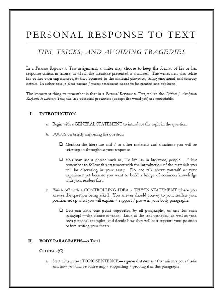 Personal Response To Text Instruction | PDF | Argument | Question