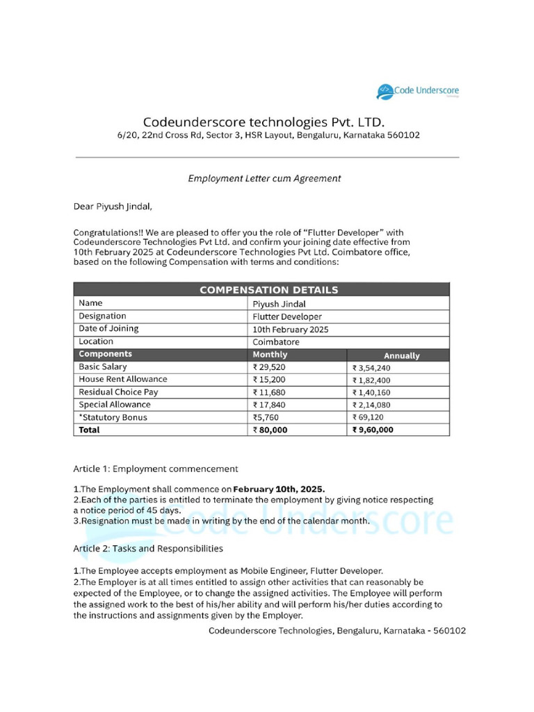 Employement Offer Letter Codeunderscore Technologies Piyush | PDF