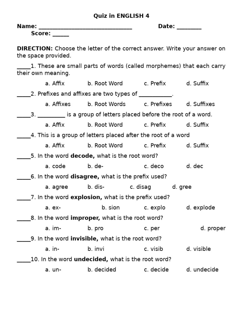 Root Words and Affixes Quiz | PDF