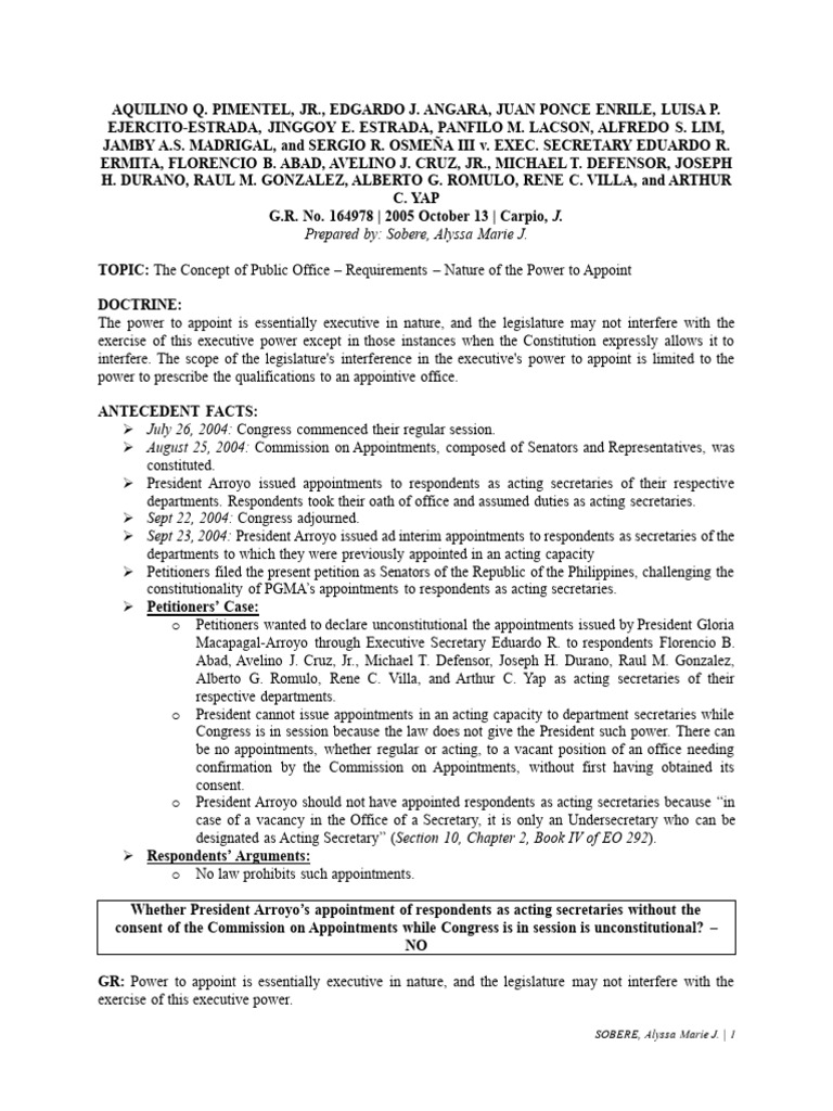SOBERE, ALYSSA August 27 - Pimentel v. Ermita (2005) | PDF | Presidents ...
