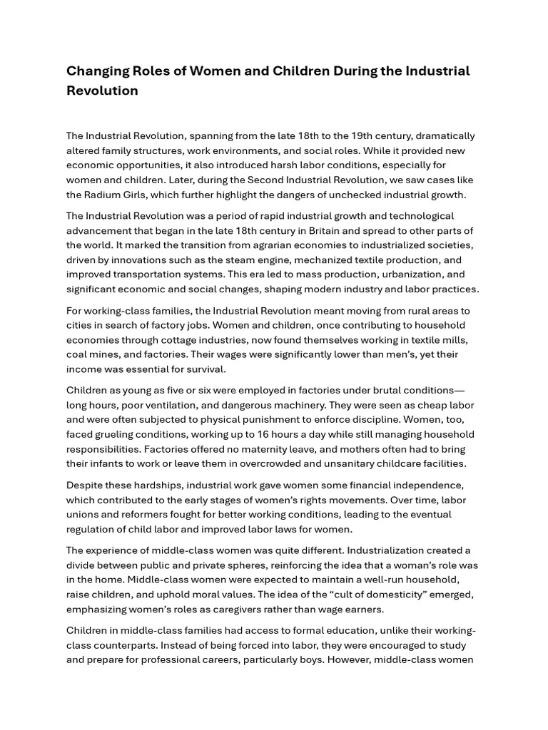 Changing Roles of Women and Children During the Industrial Revolution ...