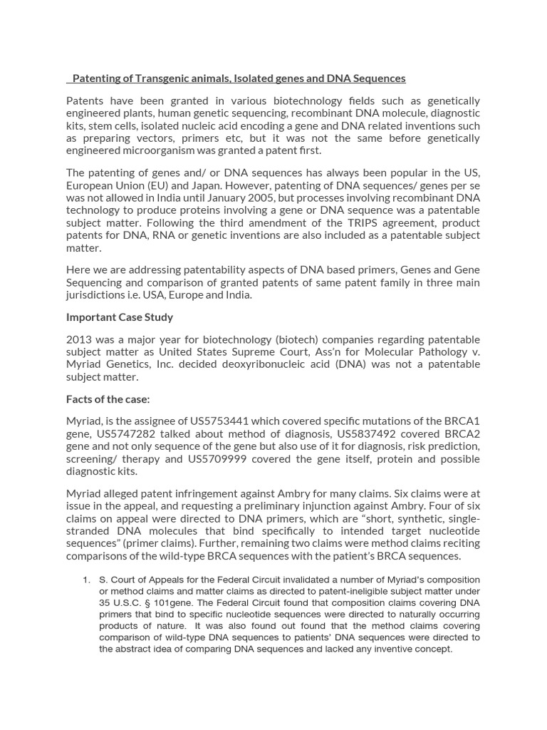 Patenting of Transgenic Genes, DNA Sequences Andisolated Genes | PDF ...