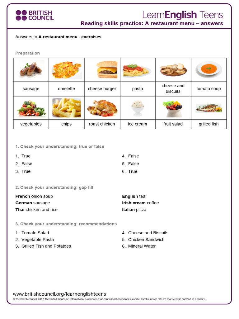 A Restaurant Menu - Answers 9 Ano | PDF