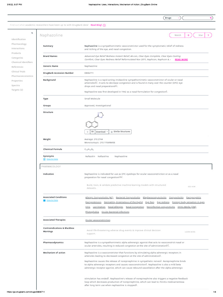 Naphazoline - Uses, Interactions, Mechanism of Action - DrugBank Online ...