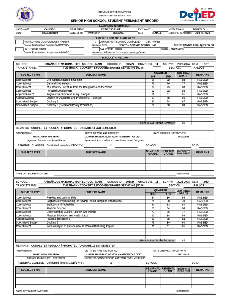 Sf10 Grade 11 Tve Cookery Rallos Candido, Princess Rhue | PDF