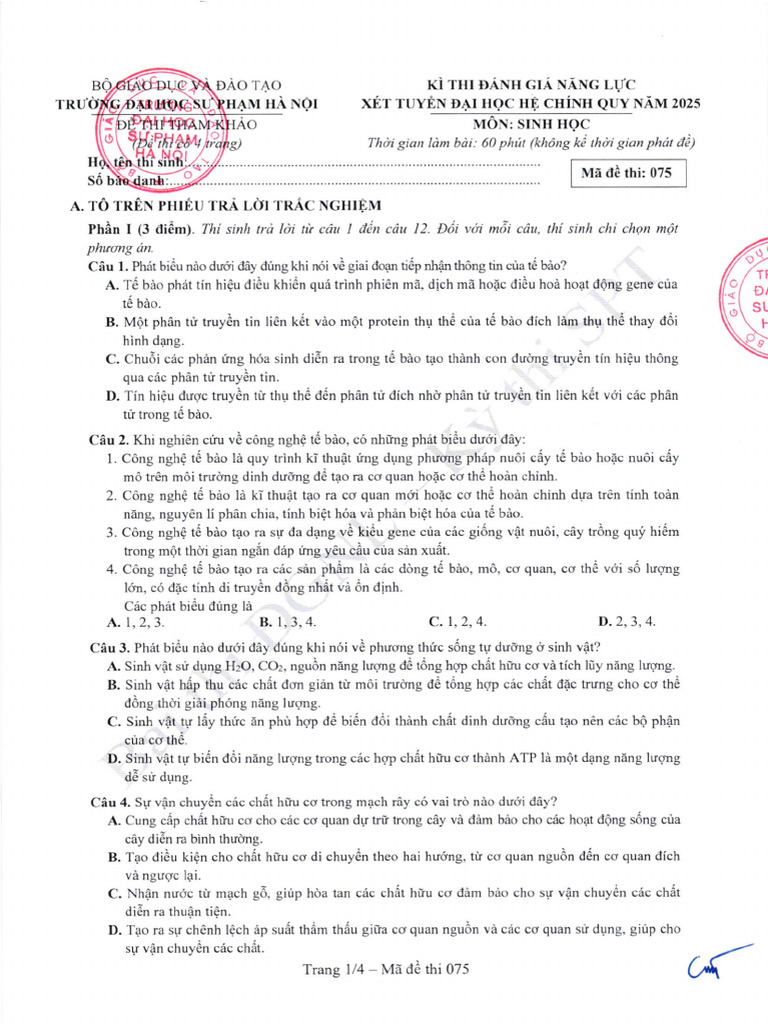 De Tham Khao Mon Sinh Hoc Spt 2025 (Nhầm Chút ở Đáp Án Người Đọc Tự Sửa) | PDF