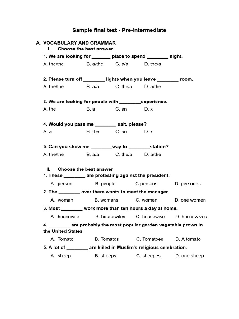 Sample Final Test - Pre-Intermediate | PDF